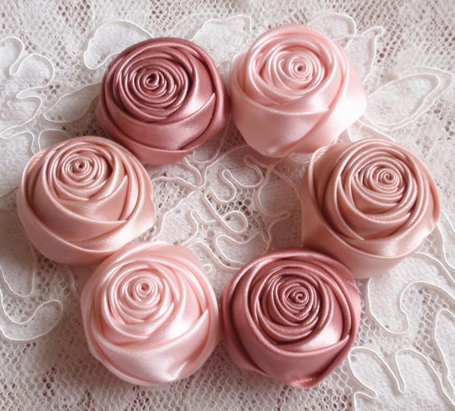 6 Handmade Ribbon Rolled Roses (1-1/4 Inches) in Lt Pink, Sweet Nectar ...
