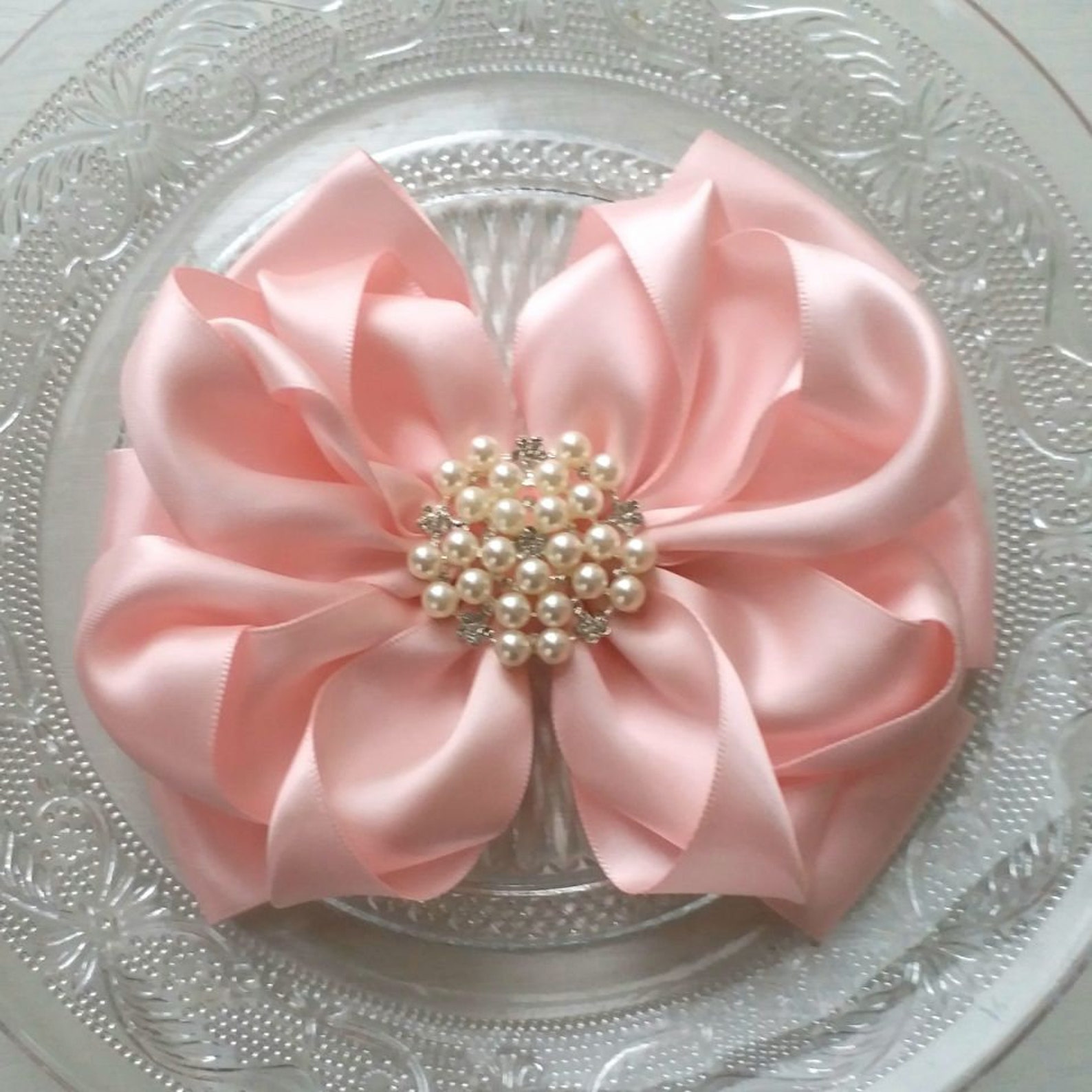 Handmade Satin Ribbon Bow With Pearl Rhinestone Lt Pink and - Etsy