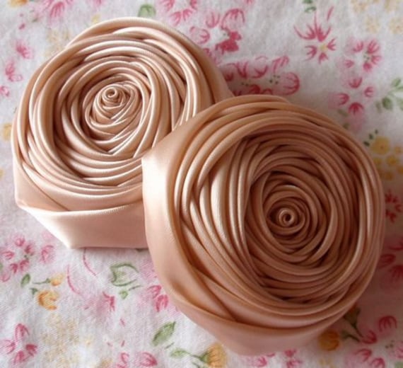 2 Handmade Ribbon Rolled Roses 2.5 inches in Petal Peach | Etsy