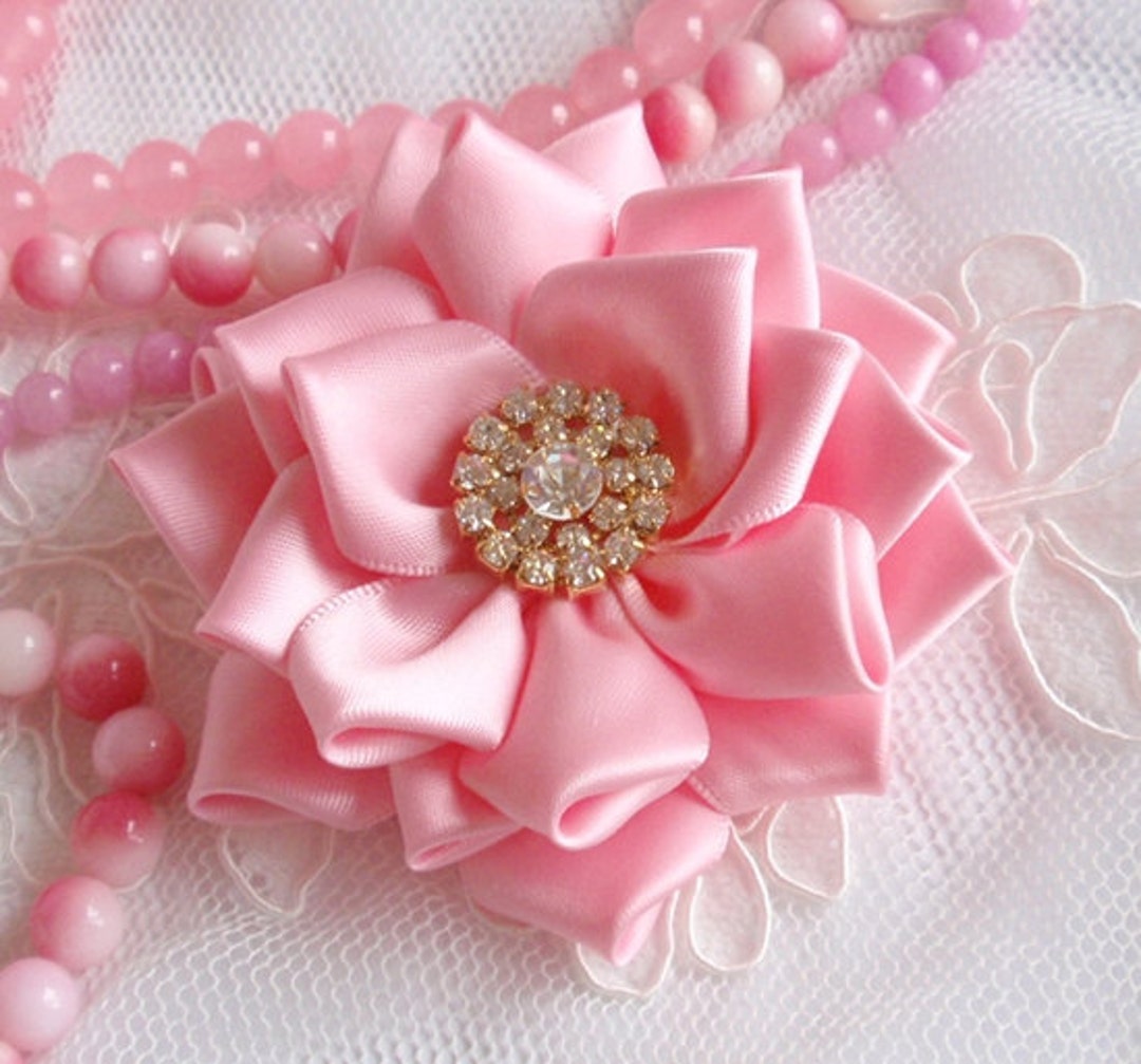 Handmade Flower With Rhinestone (3-1/4 Inches) in Rose Pink and Over ...
