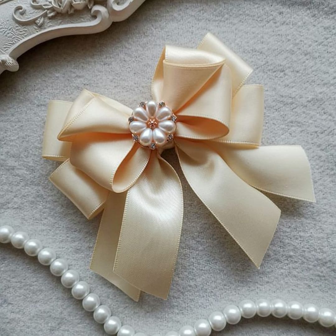 Handmade Satin Ribbon Bow With Pearl Rhinestone Buttermilk Have Over ...