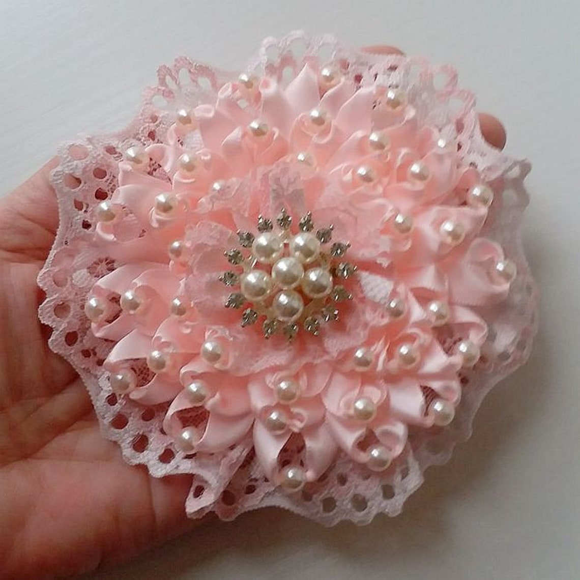 Large Handmade Ribbon Flower Lace Flower With Pearls | Etsy