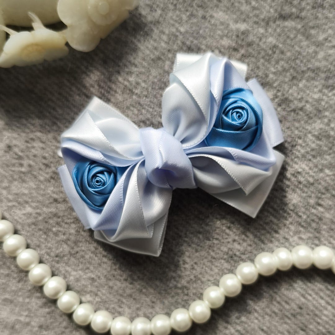 Handmade Satin Ribbon Bow in Blue Vapor, Bluebell, Porcelain Blue ( 3x2 ...