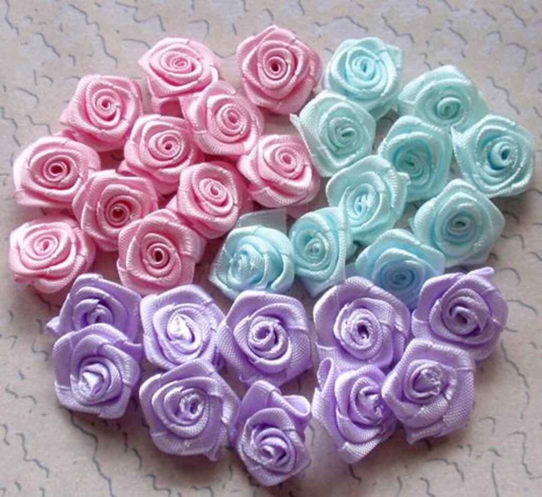 30 Small Handmade Ribbon Roses (5/8 Inches) in Pink, Lavender, Aqua and ...