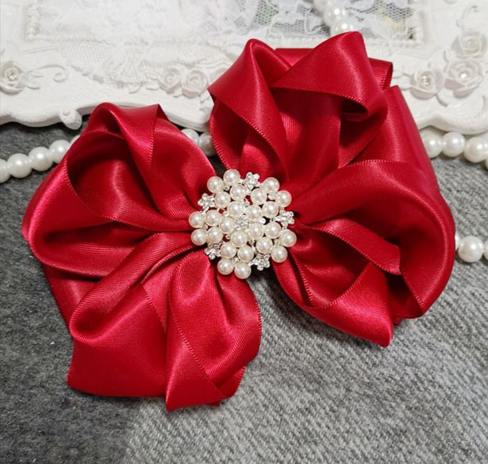 Handmade Satin Ribbon Bow With Pearl Rhinestone Red and Over - Etsy