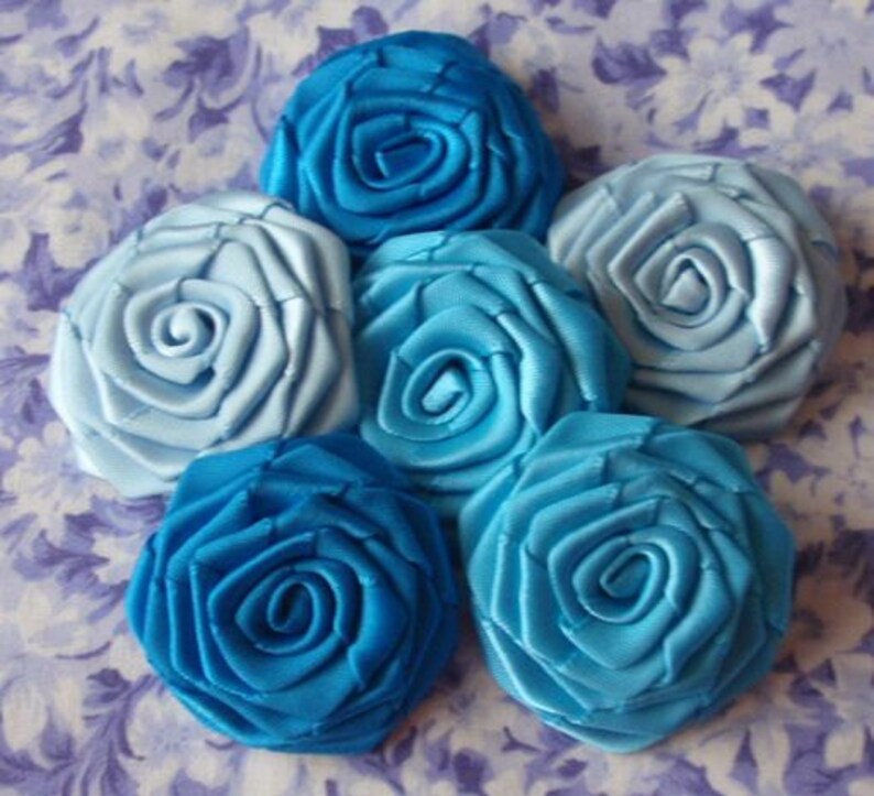 6 Handmade Ribbon Roses (1-1/2 Inches) in Lt Blue, Turquoise, Aegean ...