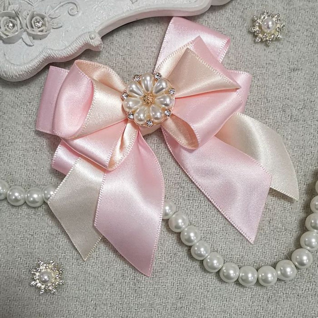 Handmade Satin Ribbon Bow With Pearl Rhinestone Lt Pink and Ivory Have ...