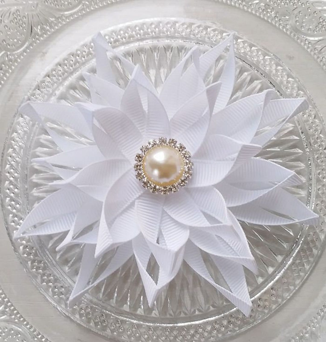 Handmade Ribbon Flower Ribbon Roses Grosgrain Flower in White (4-1/4 ...