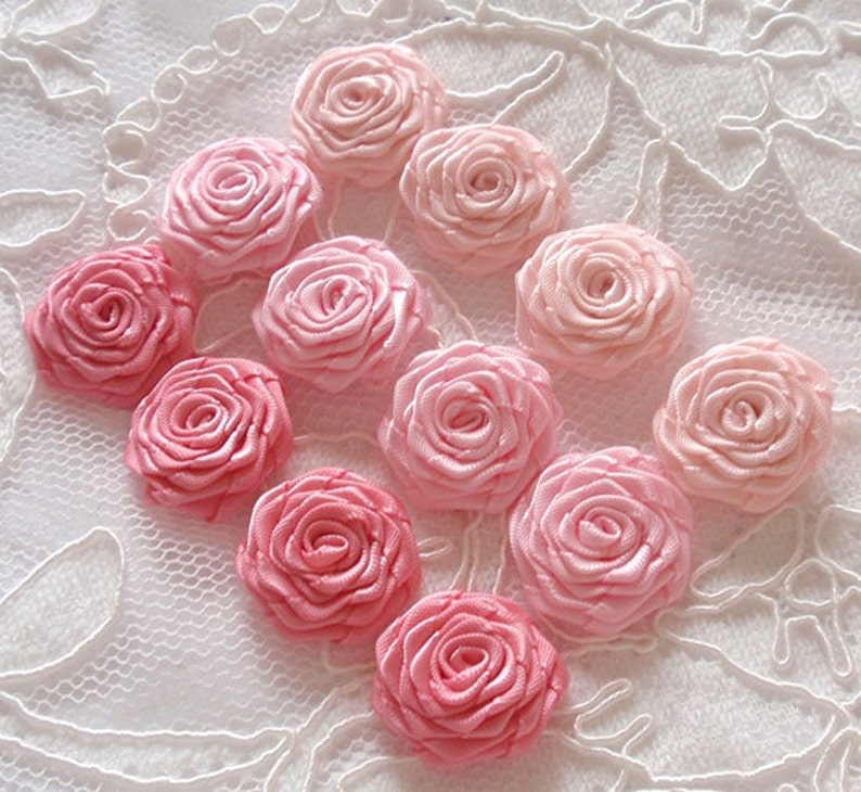 12 Small Handmade Ribbon Roses (7/8 to 1 Inch) in Lt Pink, Pearl Pink ...