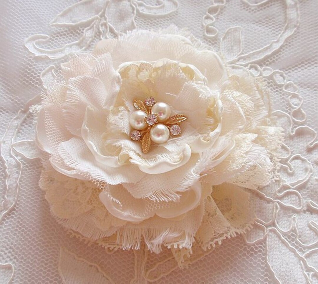 Larger Handmade Fabric Flower Lace Flower With Pearl and Rhinestone (4 ...