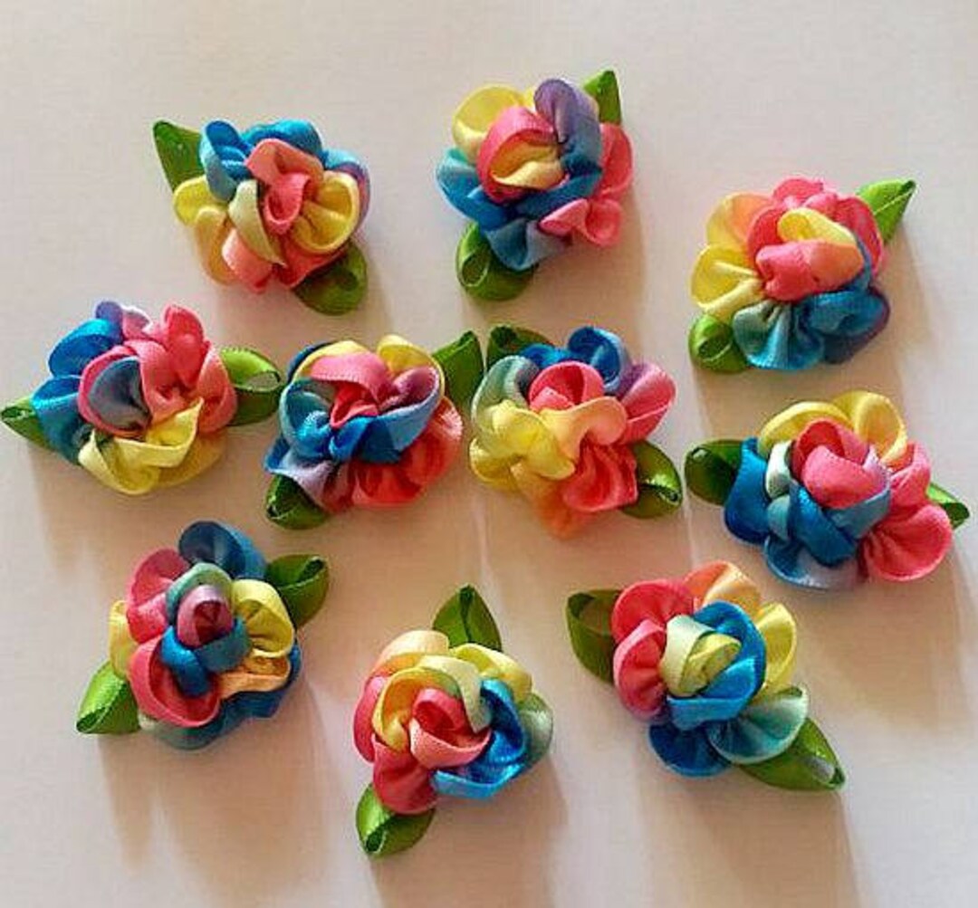 10 Handmade Ribbon Flowers With Leaves (1 Inch) in Rainbow Color MY ...