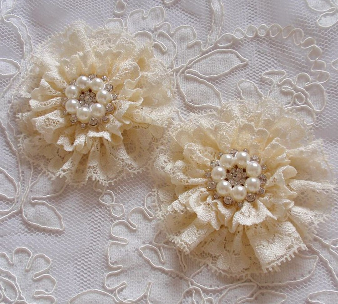 2 Lace Flowers With Rhinestone and Pearl in Cream (3 Inches) MY- 682-01 ...