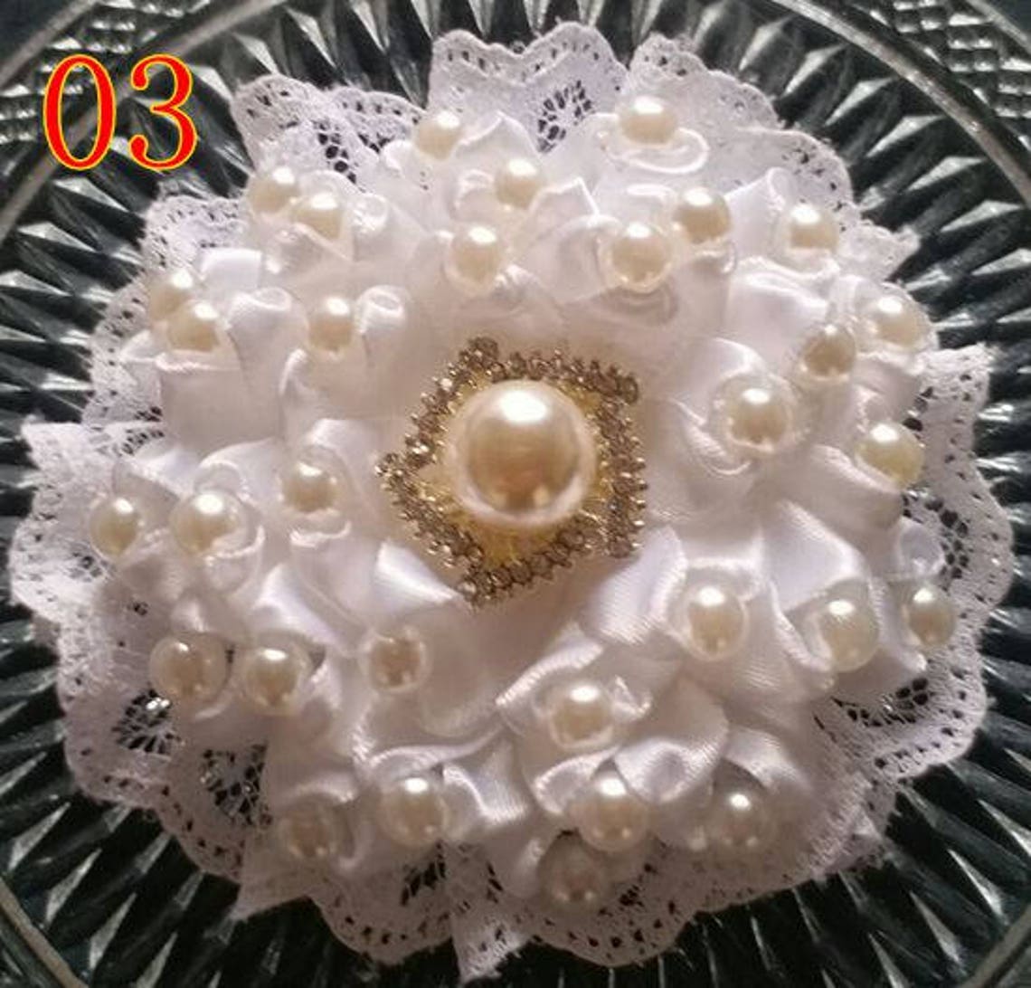 Handmade Ribbon Flower Lace Flower With Pearls 3 Inches in - Etsy