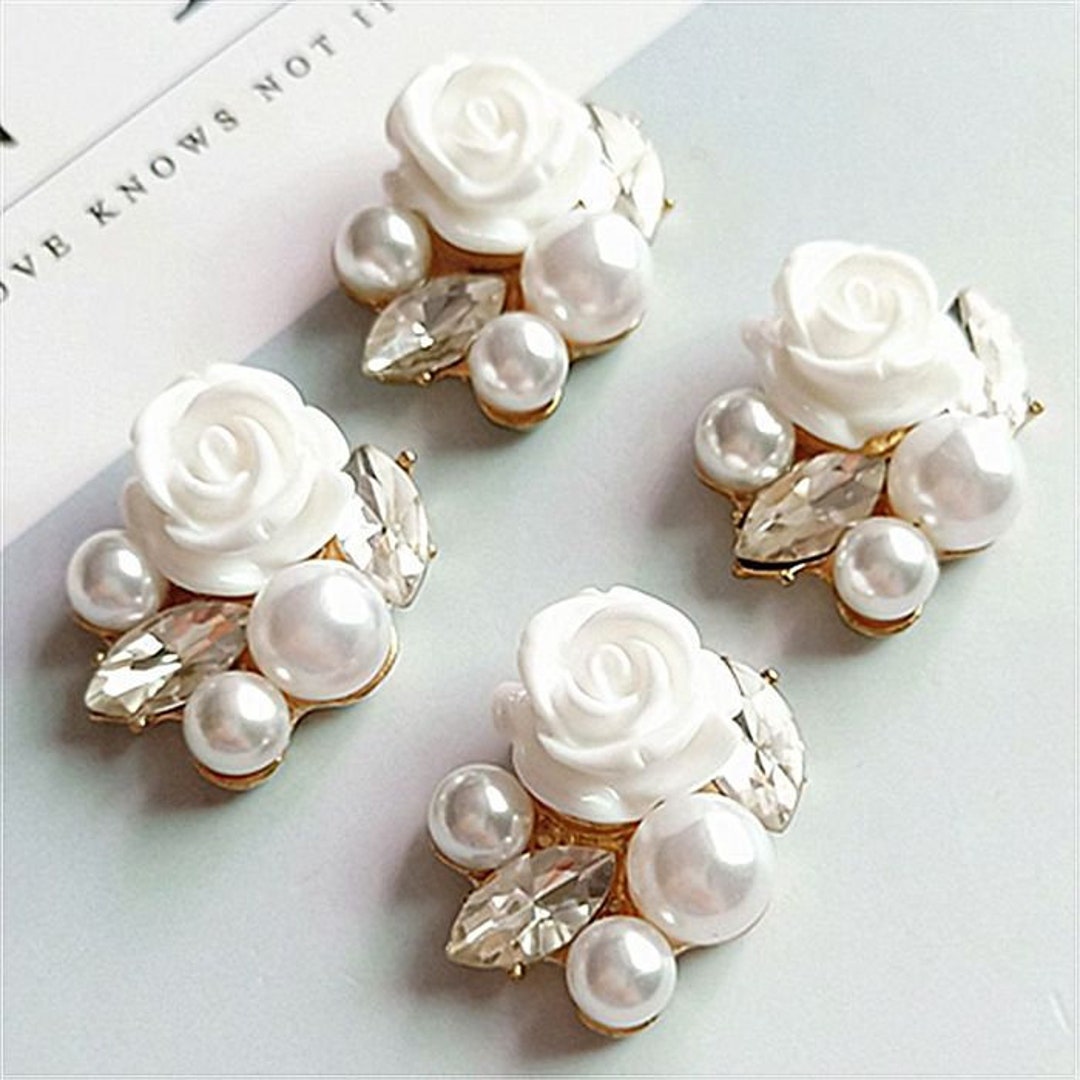 4 Flat Back Rhinestone Button Pearl Resin Button Flower Button (25x20 ...