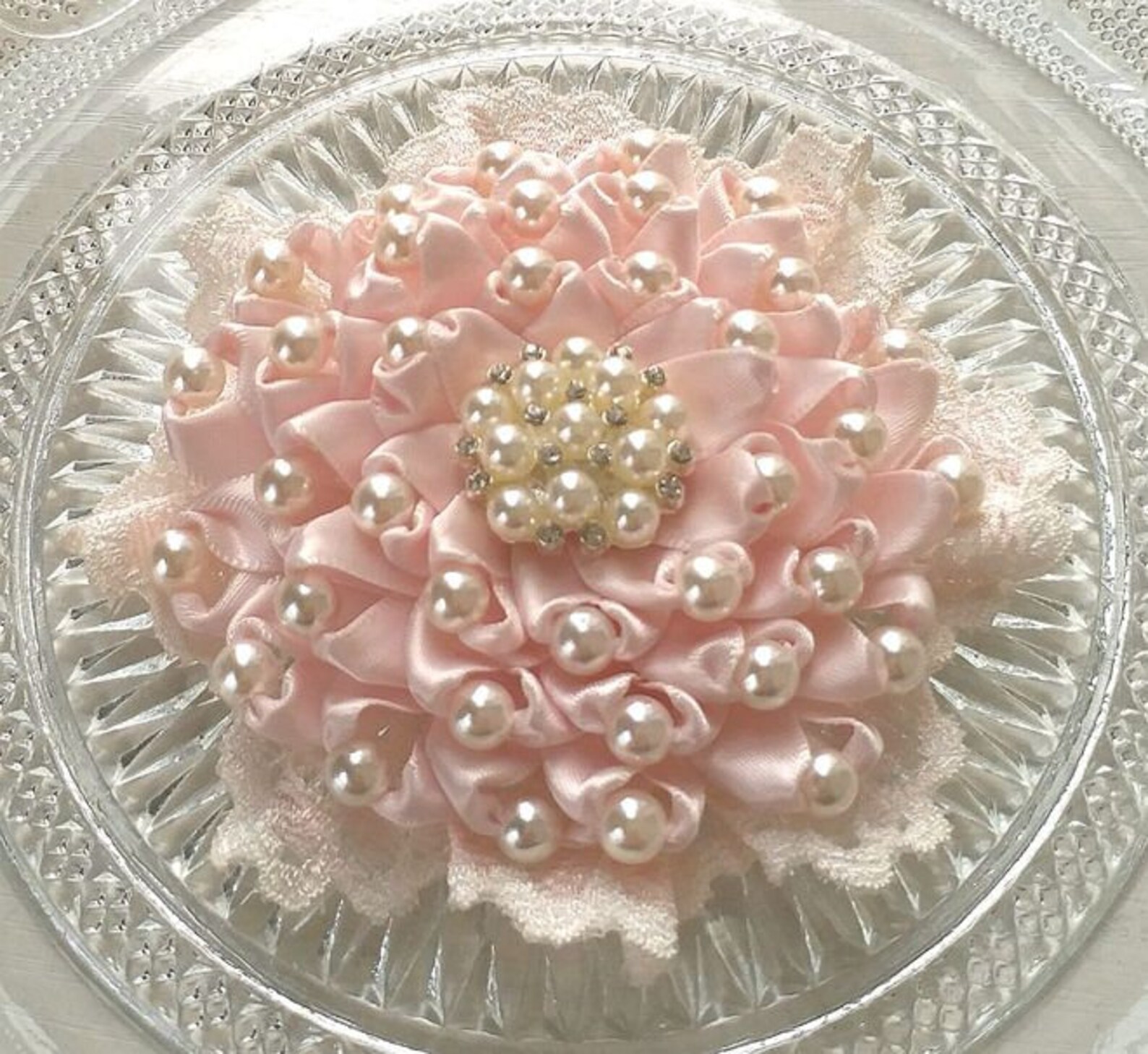 Handmade Ribbon Flower Lace Flower With Pearls 3-1/2 Inches in Sideshow ...