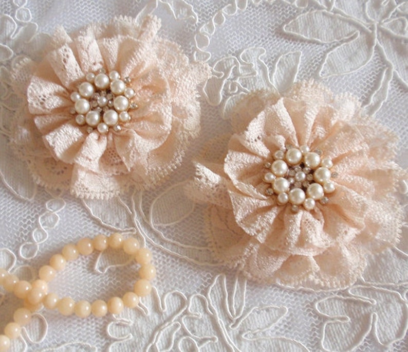 2 Lace Flower With Rhinestone Pearl (3 Inches) in Nude MY-424-11 Ready ...