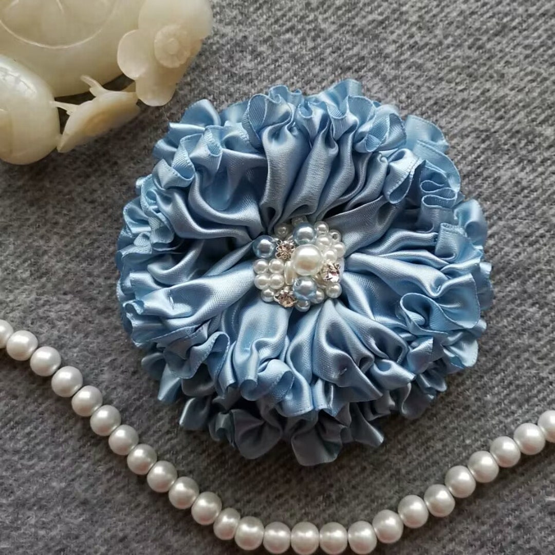 Handmade Ribbon Flower Ribbon Roses Satin Flower in French Blue (3-3/4 ...