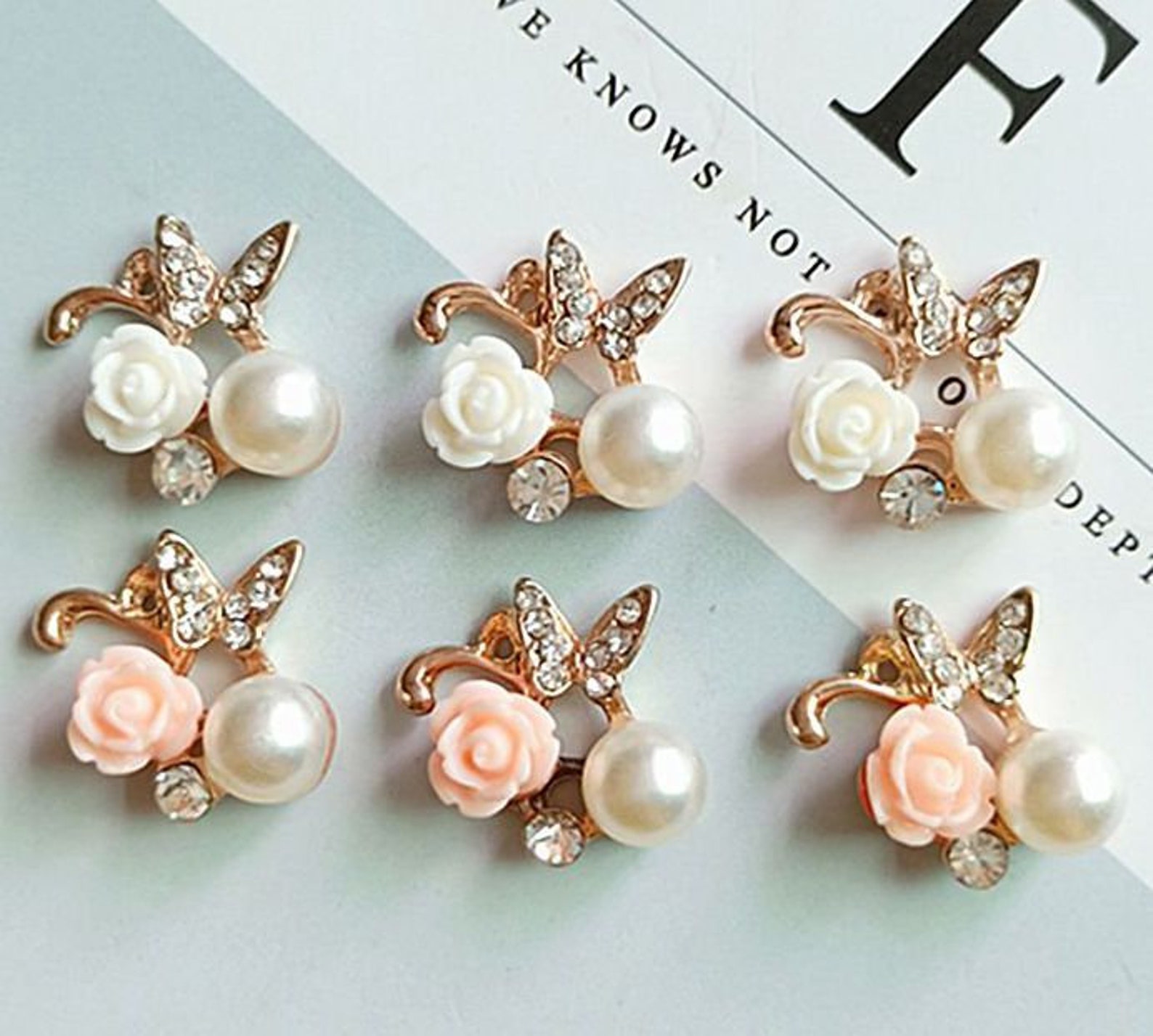 10 Flat Back Rhinestone Button Pearl Resin Button Flower | Etsy