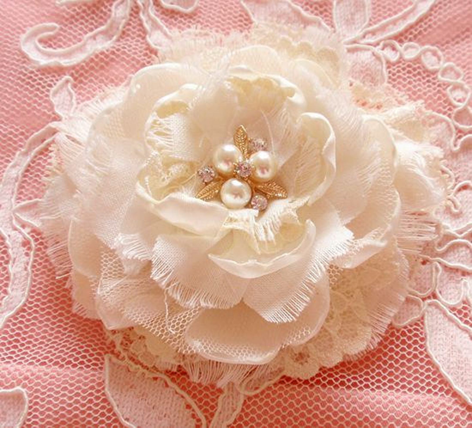 Larger Handmade Fabric Flower Lace Flower With Pearl and - Etsy