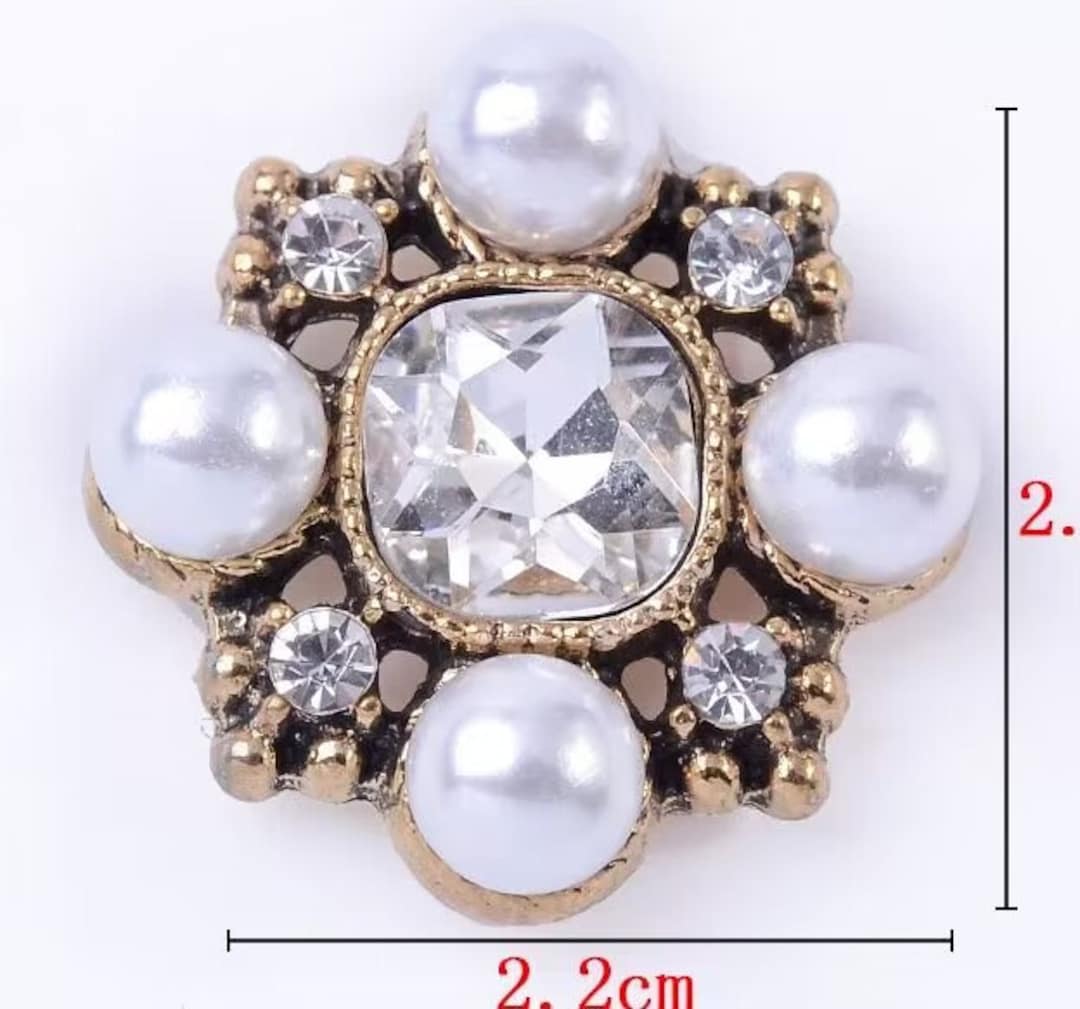 4 Flat Back Crystal Button Pearl Button Vintage Metal (22x22 Mm) Al-303 ...