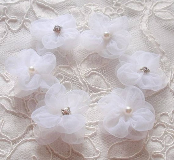 6 Handmade Organza Flowers With Pearl and Rhinestone 1-3/4 | Etsy