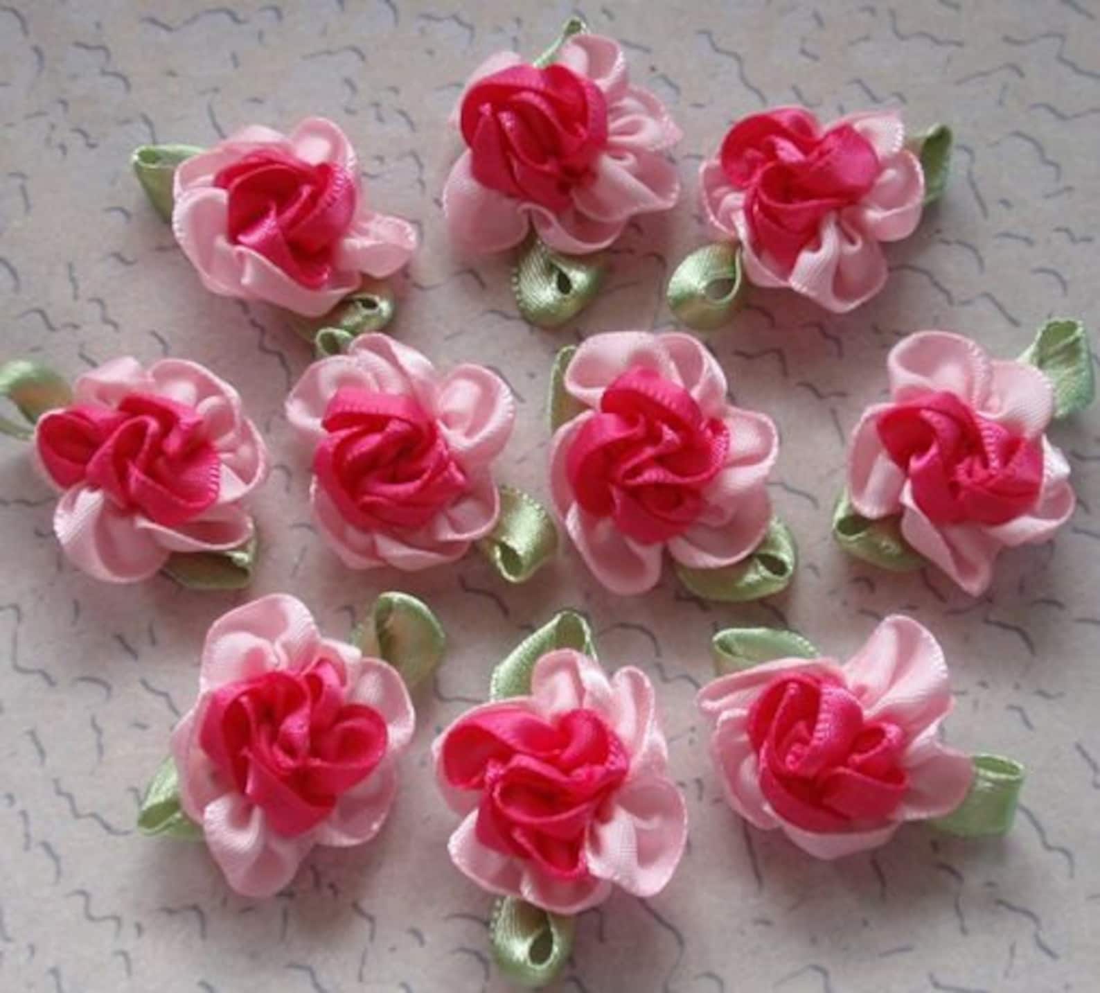 10 Handmade Ribbon Flowers With Leaves 1 Inch With Leaf Size | Etsy