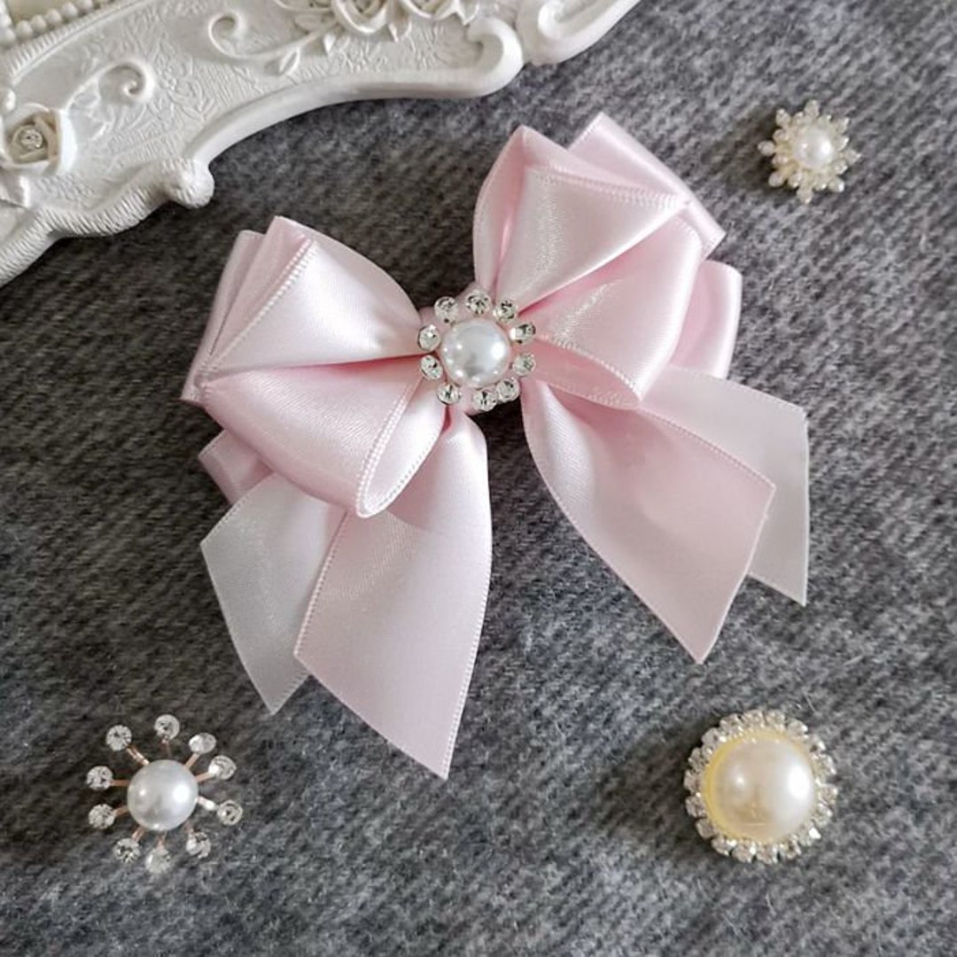 Handmade Satin Ribbon Bow With Pearl Rhinestone Powder Pink, off White ...