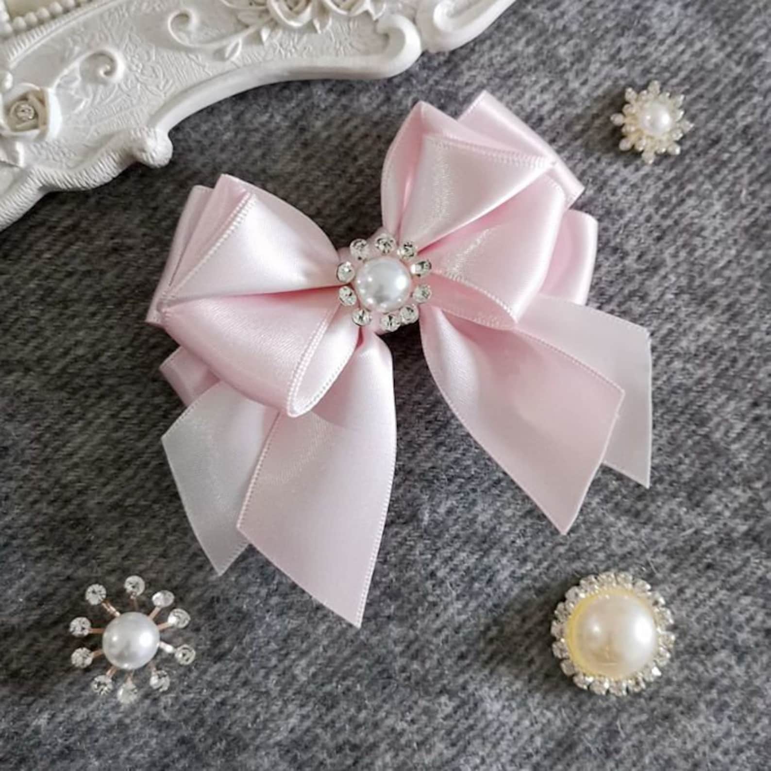 Handmade Satin Ribbon Bow With Pearl Rhinestone Powder Pink, off White ...