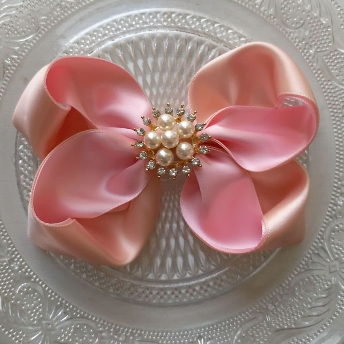 Handmade Satin Ribbon Bow With Pearl Rhinestone 5x3.5 inch | Etsy