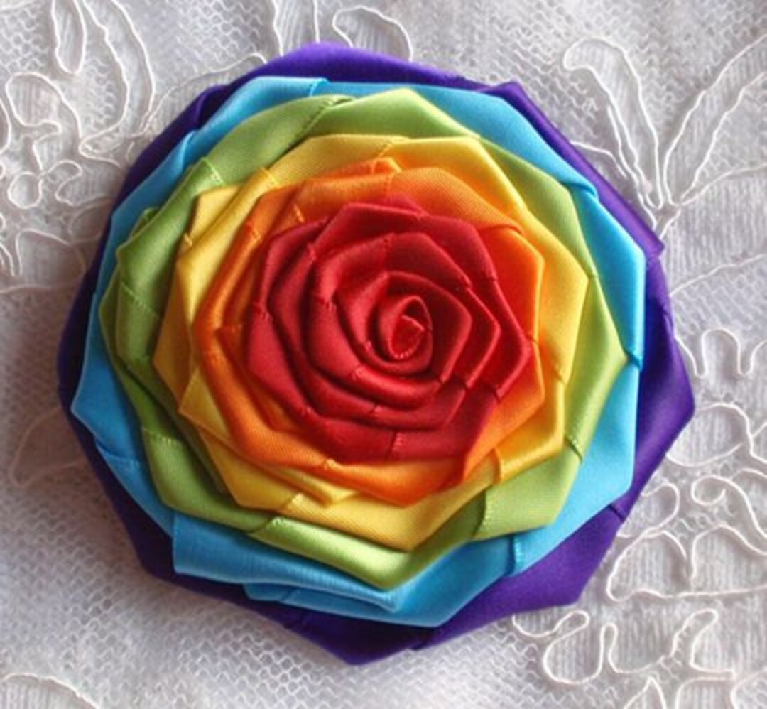 Handmade Ribbon Rose (3-1/4 Inches) in Rainbow MY-211-01 Ready to Ship ...