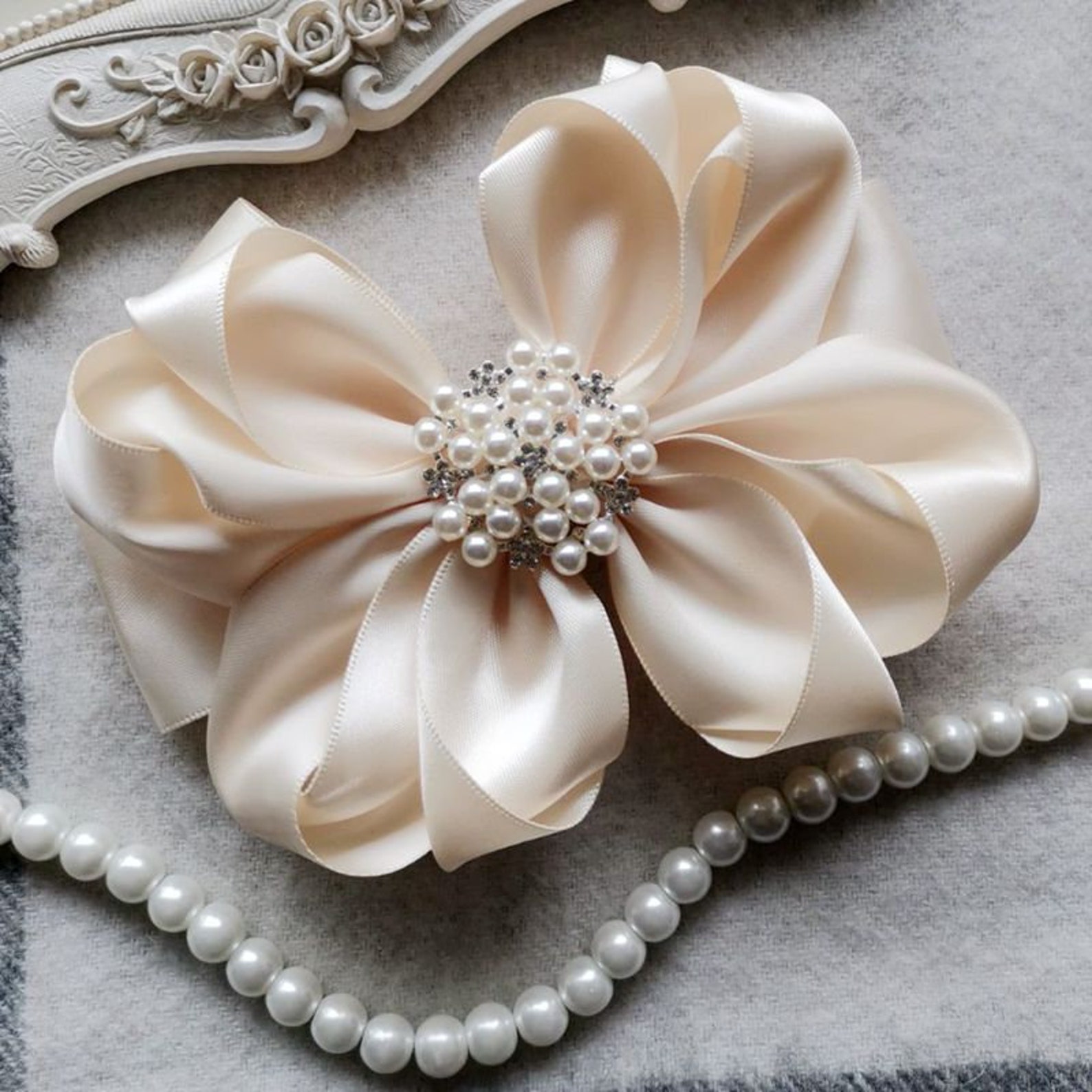 Handmade Satin Ribbon Bow With Pearl Rhinestone Ivory and Over - Etsy