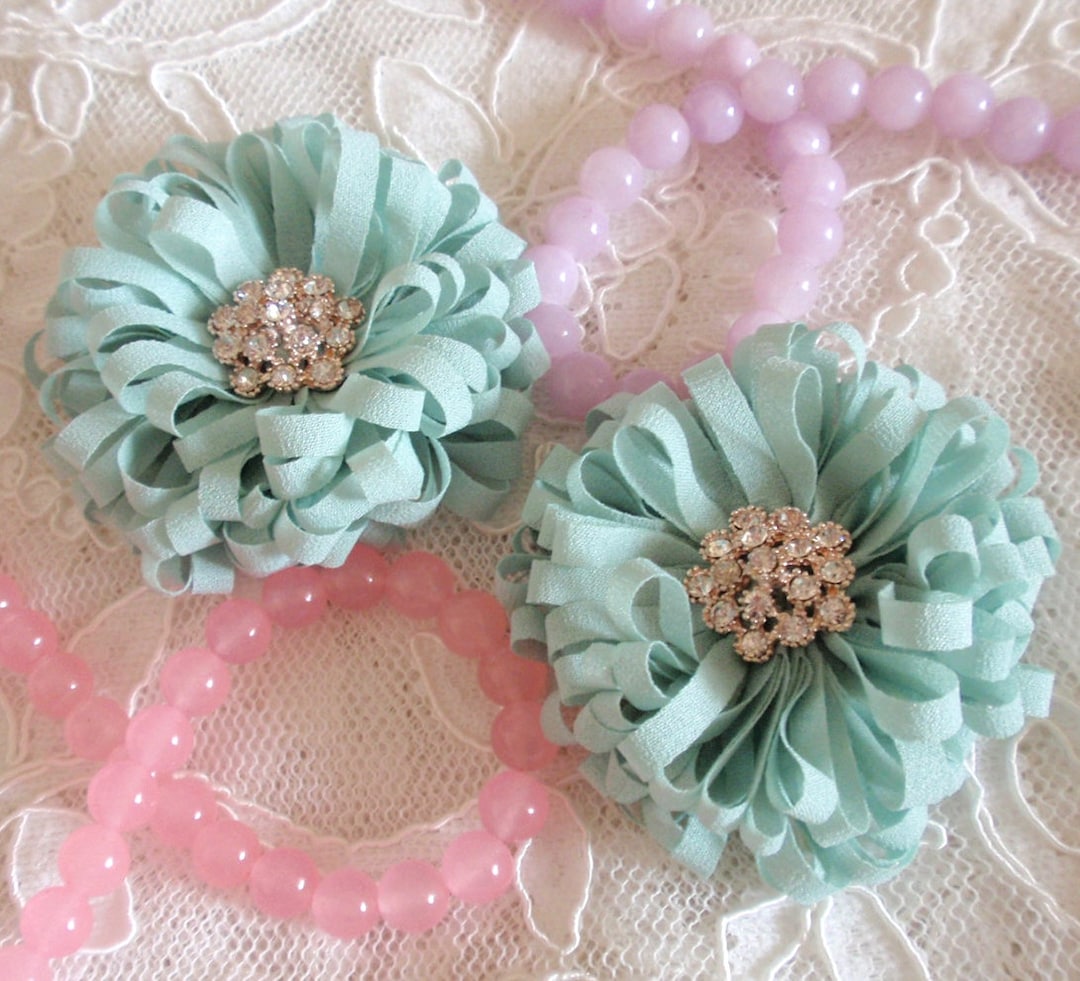 2 Handmade Fabric Flowers Chiffon Flower With Rhinestone in 2.5 Inches ...