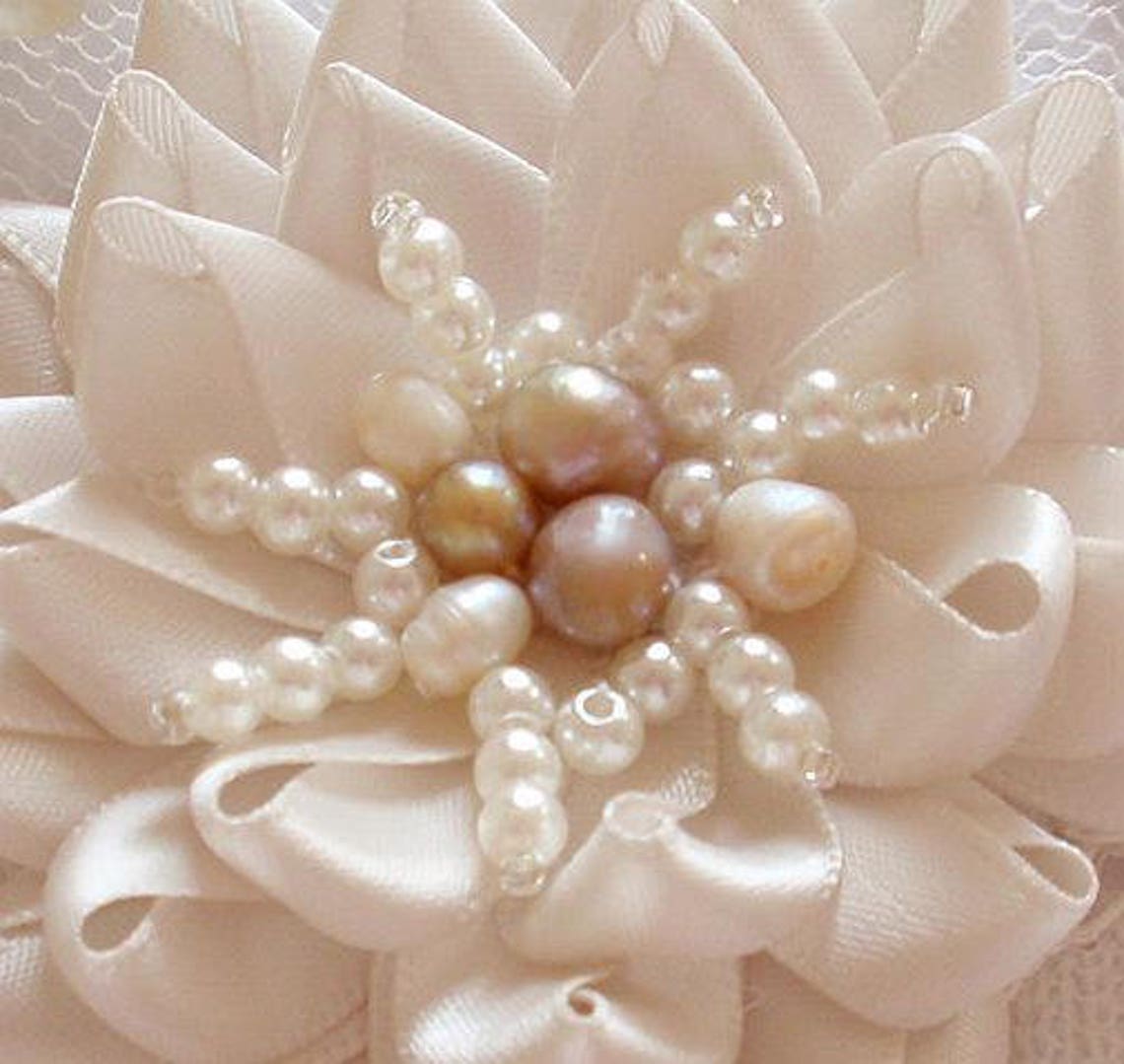 Handmade Ribbon Flower With Beads Antique White 2-3/4 Inches - Etsy