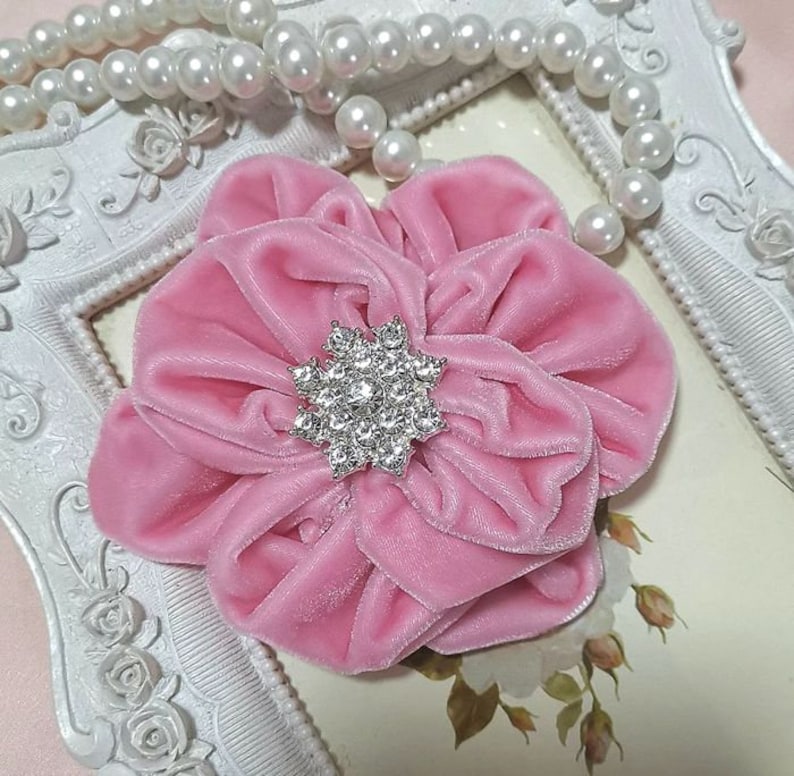 Handmade Velvet Rose Whit Rhinestone 3-1/4 inches In Pink | Etsy