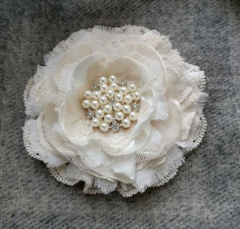 Larger Handmade Fabric Flower Lace Flower With Pearl and Rhinestone (3 ...