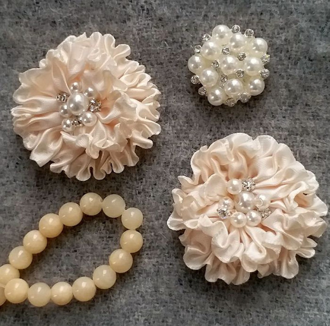 2 Handmade Ribbon Flower Ribbon Roses Satin Flower in Ivory 1-1/2 ...