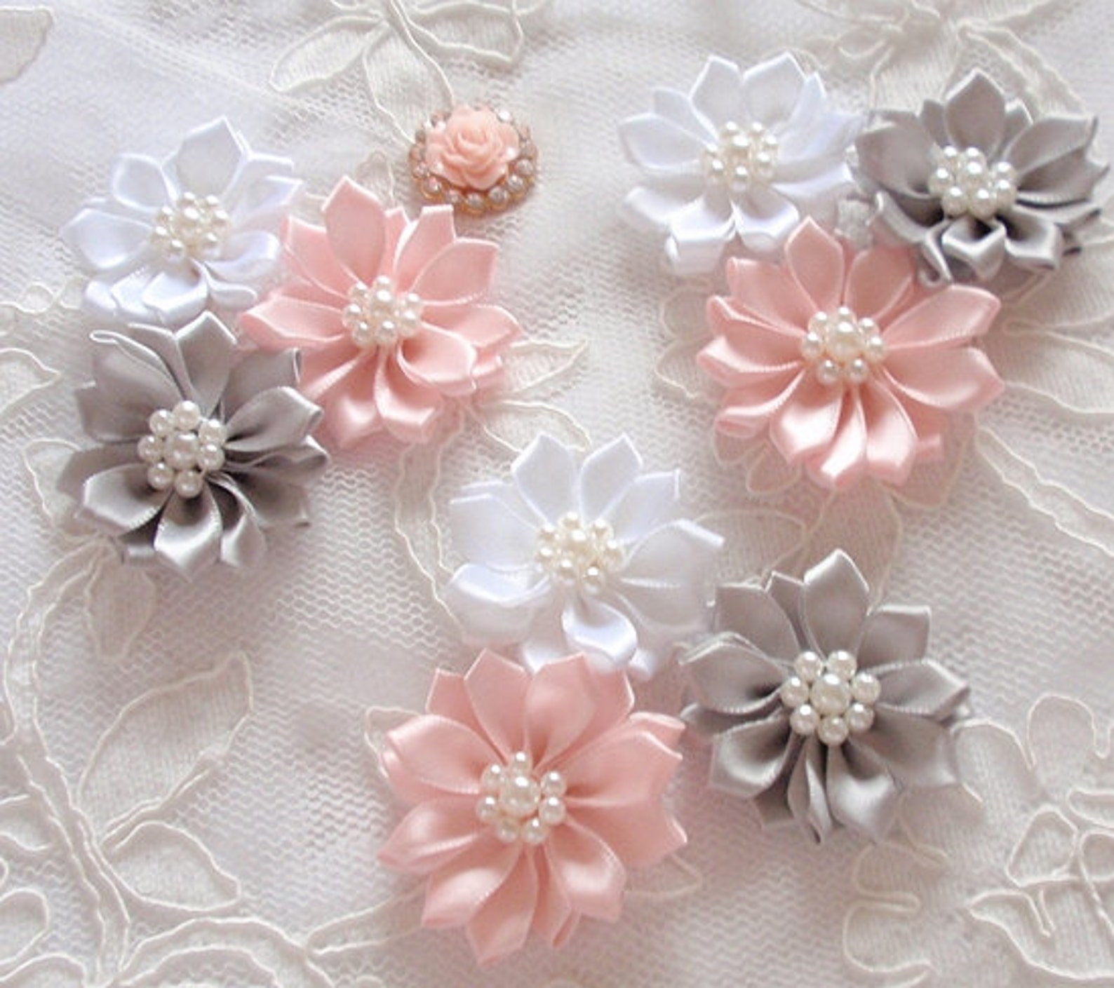 9 Ribbon Flowers Ribbon Roses With Pearls in White Lt Pink | Etsy