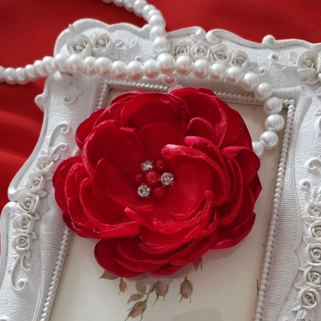 Larger Handmade Singed Flower Fabric Organza Rhinestone (3.5inches) in ...