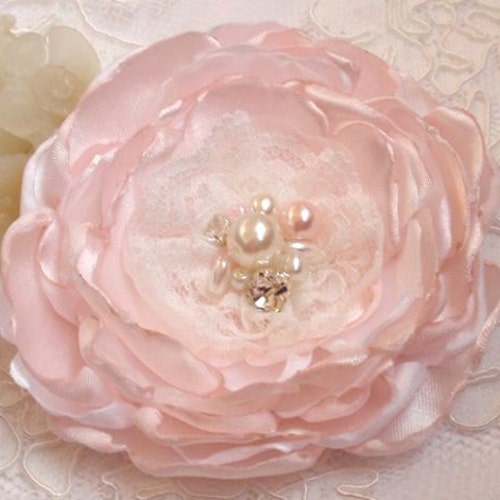 Larger Handmade Fabric Flower Lace Flower With Pearl and | Etsy