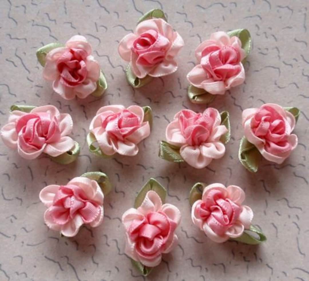10 Handmade Ribbon Flowers With Leaves (1 Inch) in Sherbet, Lt Pink ...