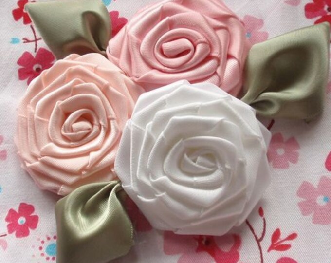 3 Handmade Ribbon Roses With Leaves 2 Inches in White, Lt Pink, Rose ...