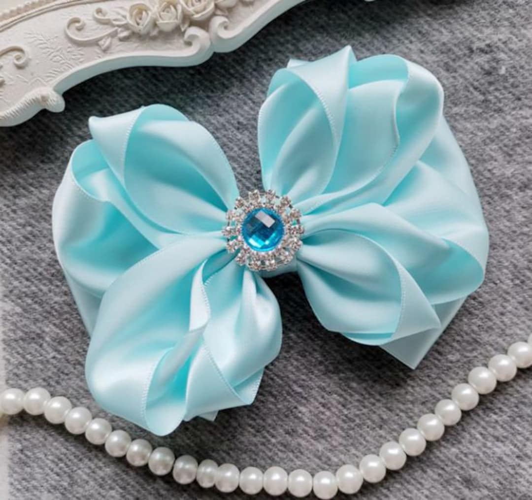 Handmade Satin Ribbon Bow With Crystal Rhinestone Lt Blue ( 5x4.5 Inch ...