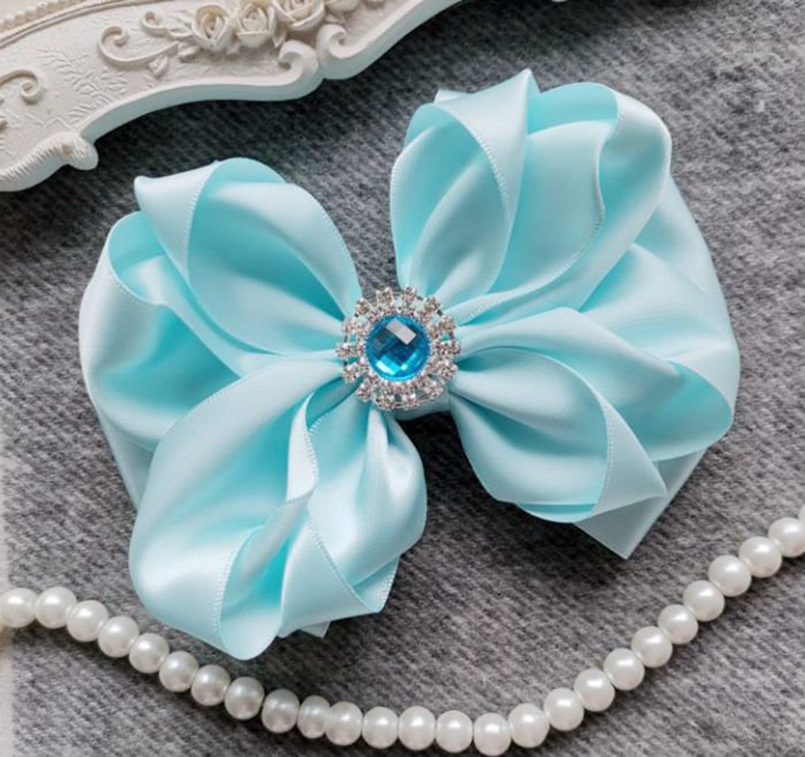Handmade Satin Ribbon Bow With Crystal Rhinestone Lt Blue - Etsy