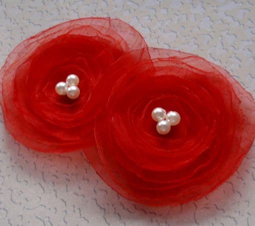 2 Larger Handmade Organza Flowers With Pearls 3.5 inches In | Etsy