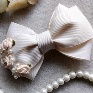 Handmade Grosgrain Ribbon Bow With Rose Pearl in Autique White (4 X 3 ...