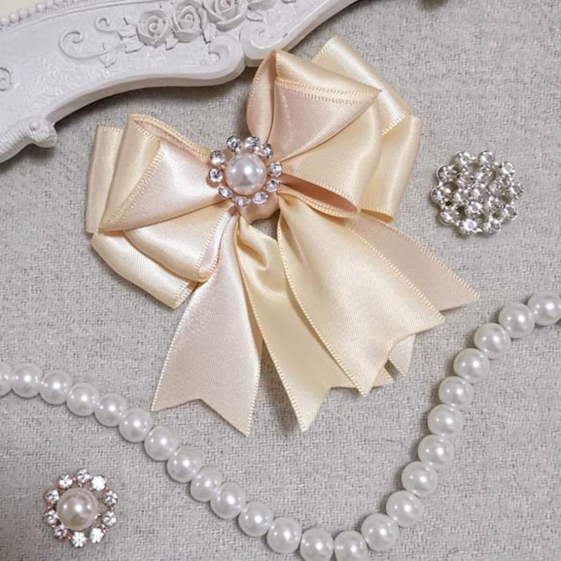 Handmade Satin Ribbon Bow With Pearl Rhinestone Cream and - Etsy