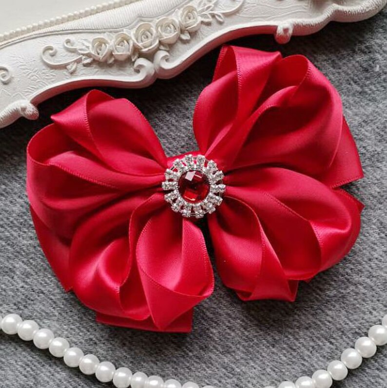 Handmade Satin Ribbon Bow With Crystal Rhinestone Lt Blue - Etsy