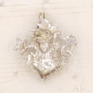 Vintage Art Nouveau Style Lady Brooch Pin, 1970's Silver Plated Female ...