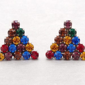 Vintage Multicolour Rhinestone Triangle Clip on Earrings, Colourful ...