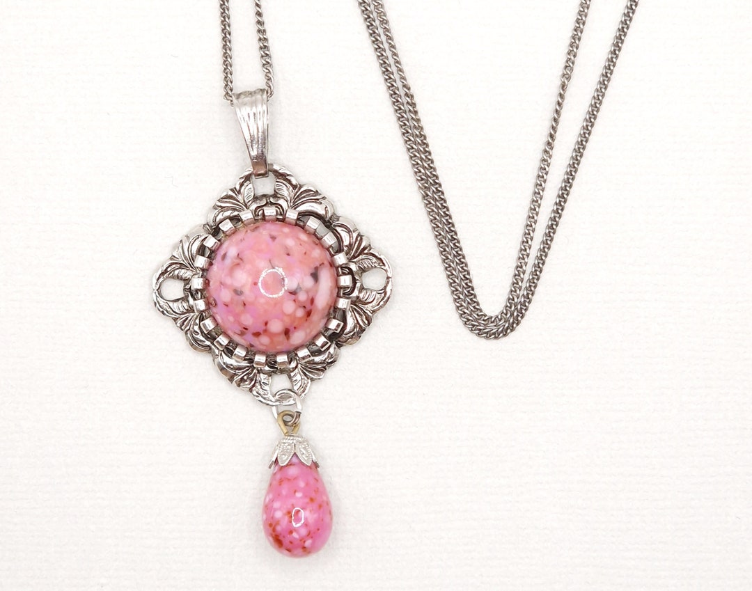 Vintage Mid Century Pink Matrix Glass Pendant Necklace, Silver Tone ...